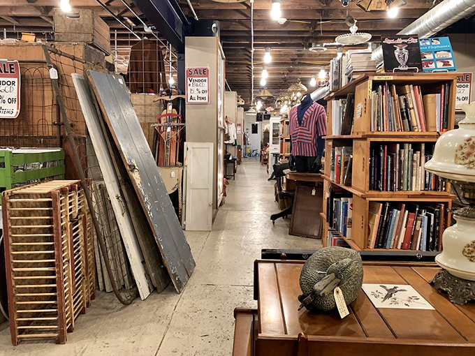 Wooden bookcases and vintage doors create a literary labyrinth where forgotten bestsellers and obscure treasures await rediscovery.