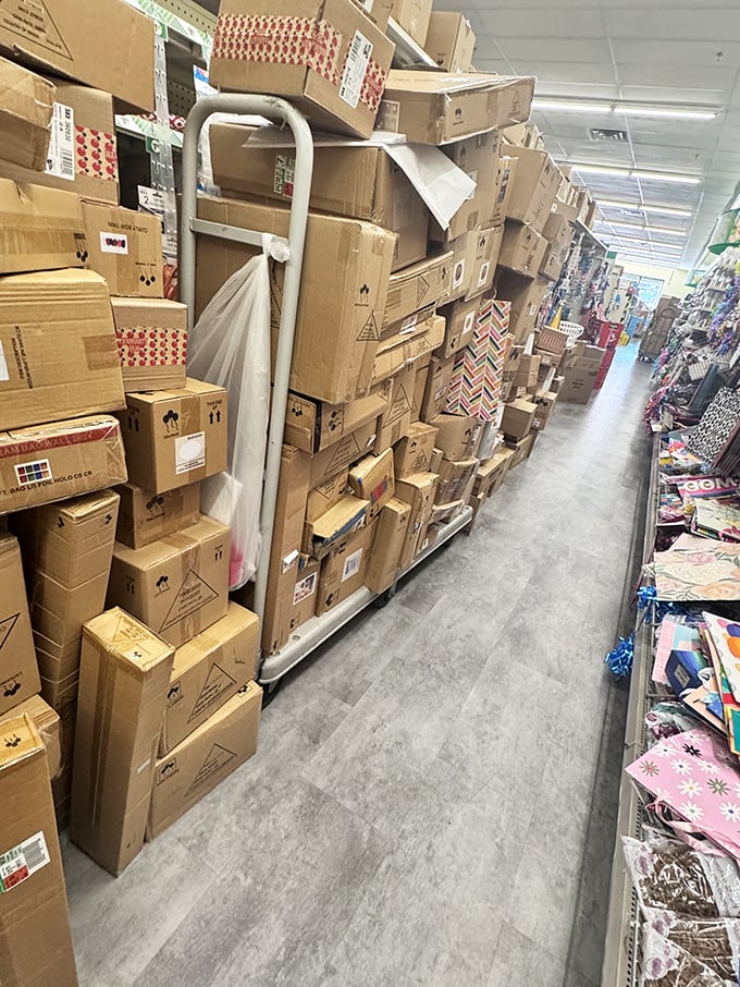 Behind the scenes, a fortress of cardboard reveals the constant restocking required to keep bargain hunters satisfied&mdash;retail's version of backstage at a rock concert.