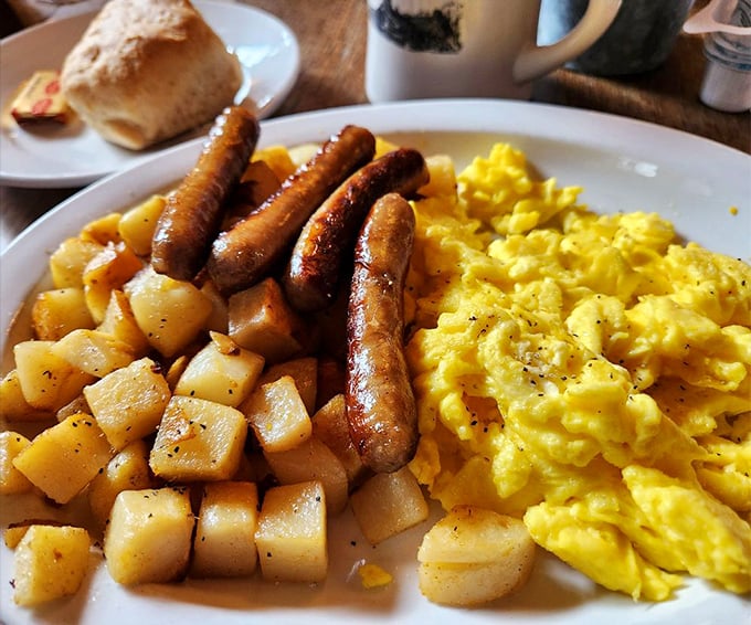 Breakfast that doesn't just break your fast &ndash; it demolishes it with military precision. Those sausages stand at attention like delicious sentinels.