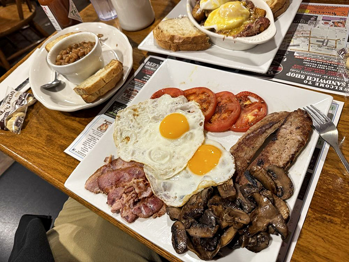 A breakfast spread that would make Ron Swanson weep with joy &ndash; eggs, bacon, toast, and home fries in perfect harmony.