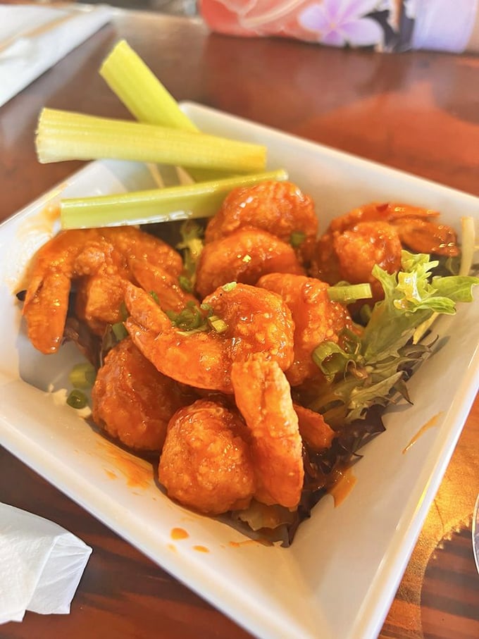 Buffalo shrimp that bring the heat but keep their coastal identity – like spicy little mermaids doing the hot sauce dance on your taste buds.