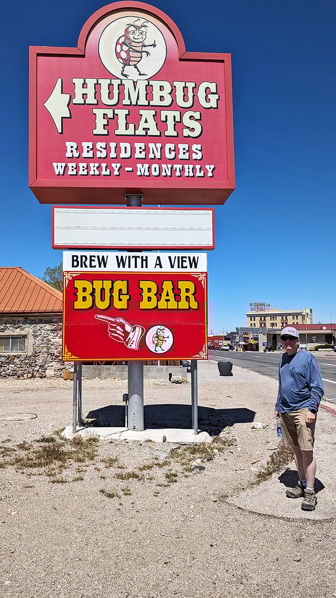 "Humbug Flats" and "Bug Bar" prove that desert humor thrives in Tonopah, where even the signage refuses to take itself too seriously.