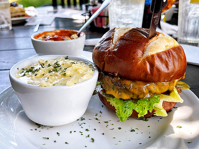 The bistro burger stands tall and proud, accompanied by creamy soup that makes this combo a serious contender for comfort food perfection.