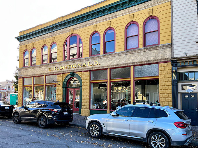 The stately D.C. McDonald building brings a splash of mustard-yellow grandeur to Eureka's historic downtown, proving even banks can be beautiful.