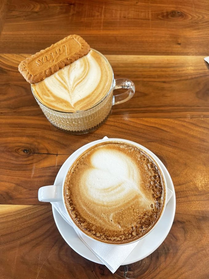 Coffee so pretty you almost don't want to drink it. Almost. That Lotus cookie isn't just garnish&mdash;it's an invitation to dunk.