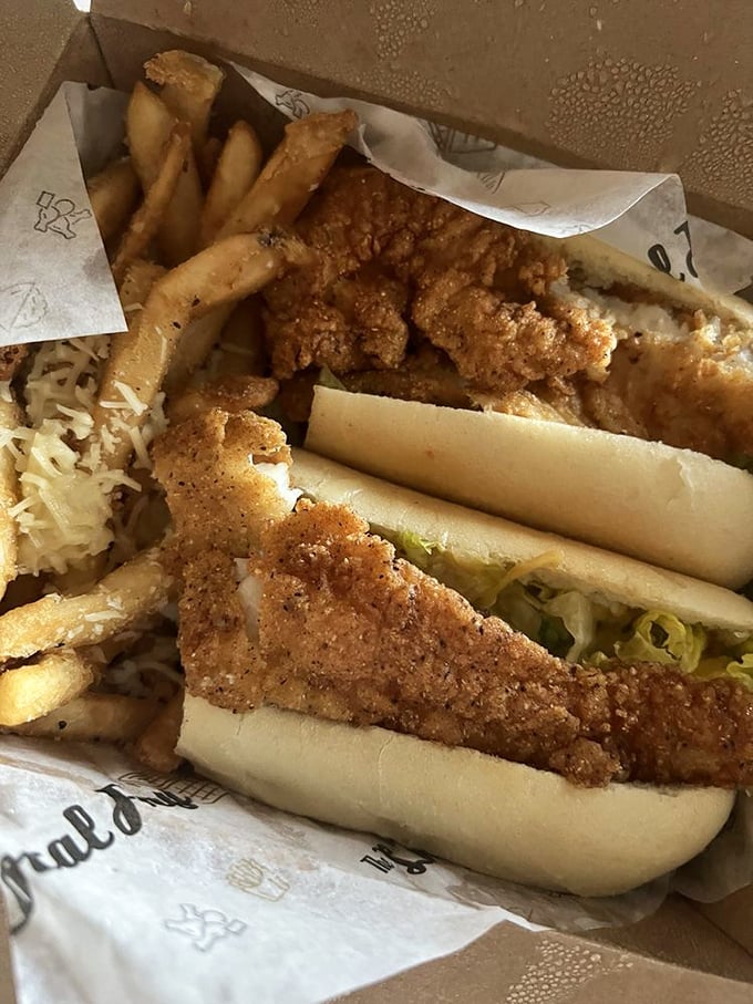 The catfish po' boy that could make New Orleans jealous. Crispy fish, fresh toppings, and fries on the side&mdash;Southern comfort with Baltimore attitude.