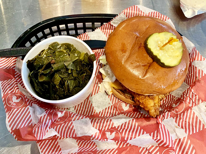 The sandwich that launched a thousand cravings: crispy chicken nestled in a pillowy bun with greens standing by for moral support.