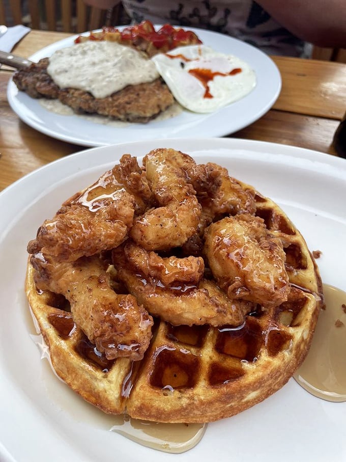 Chicken and waffles: where sweet meets savory in a harmony so perfect it deserves its own Grammy nomination.