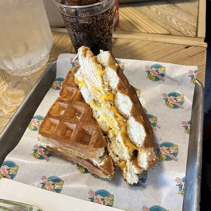 Chicken and waffles reimagined as a sandwich? This is the kind of innovation that deserves a Nobel Prize in comfort food.