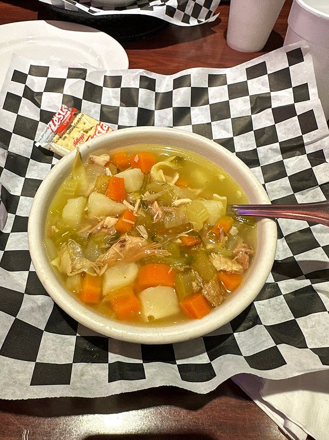 Chicken soup: the universal language of comfort. Chunks of tender chicken, vegetables, and noodles swimming in golden broth&mdash;grandma would approve.