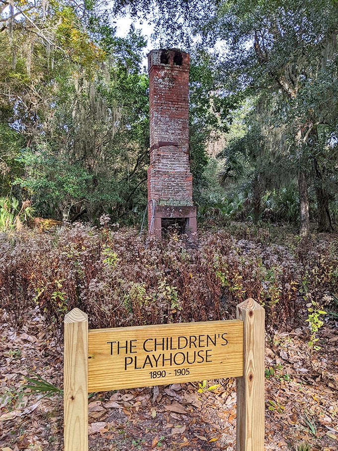 Even the Carnegie children lived large—this chimney is all that remains of their elaborate playhouse, where future titans of industry once played.