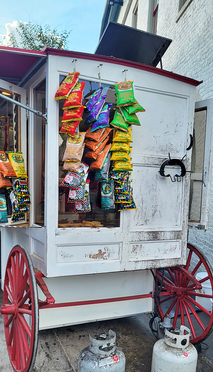 Colorful chip bags dangle like festive ornaments, the perfect crunchy companion to these historic burgers. 