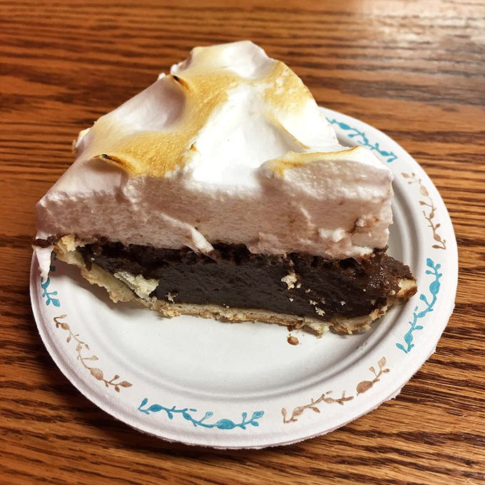 Chocolate pie crowned with a cloud of meringue that's been kissed by flame. Grandmothers everywhere would give their approval.