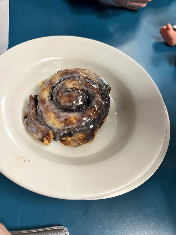 This cinnamon roll isn't just breakfast—it's an experience. Swirls of cinnamon, rivers of glaze, and not a single regret in sight.
