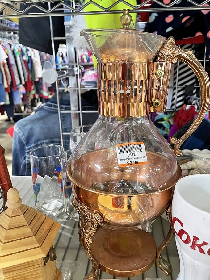 This elegant gold-trimmed carafe would make your morning pour-over feel positively regal. Thrift store magic turns everyday rituals into special occasions.