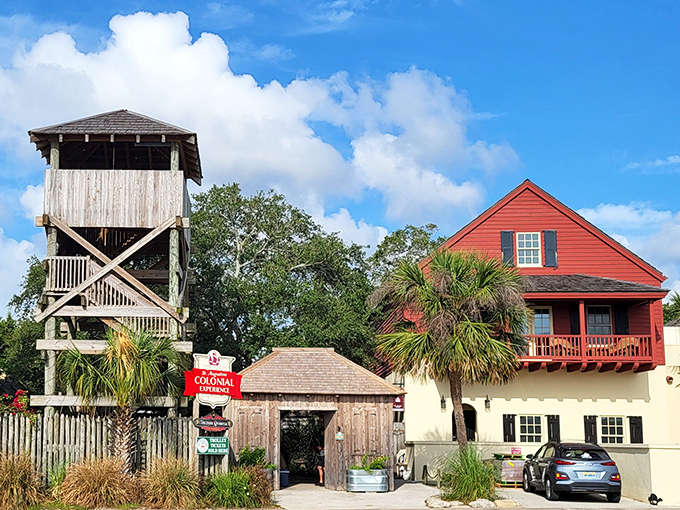 The Colonial Quarter's wooden watchtower and rustic buildings transport visitors to an era when St. Augustine was the frontier of the New World.