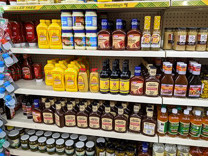Condiment corner: where mustard meets mayonnaise in a flavor fiesta. Enough barbecue sauce varieties to keep your summer cookouts interesting until Labor Day.