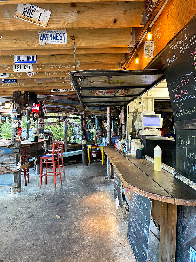 Where maritime meets makeshift. The weathered wood counter and license plate decor create the perfect backdrop for seafood storytelling.