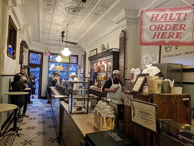 The "HALT! ORDER HERE" sign is both instruction and wise counsel. Take a moment to breathe before making life-altering dessert decisions.