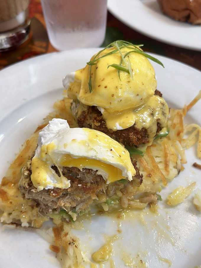 Crab cake benedict that's essentially breakfast wearing a tuxedo. Those perfectly poached eggs are ready for their close-up.