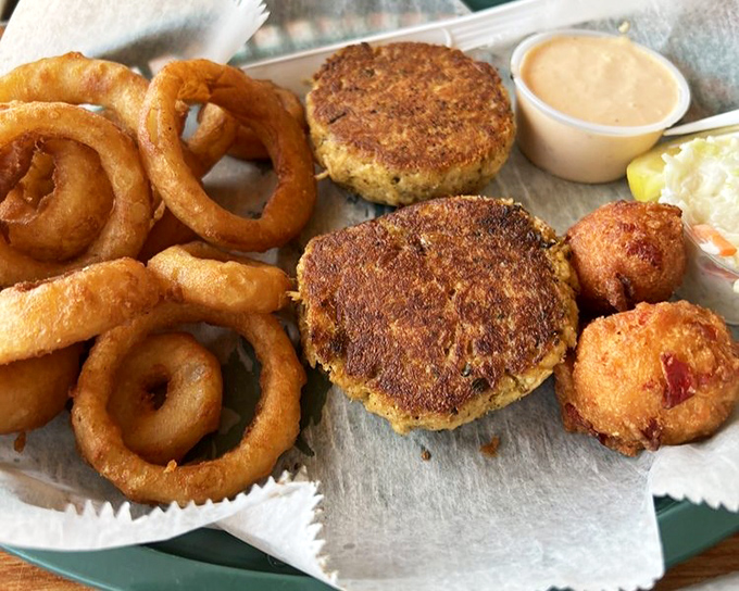 Crab cakes and onion rings&mdash;the beach version of surf and turf. Golden-fried perfection that demands a cold beer alongside.