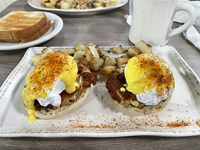 These eggs Benedict have been promoted to eggs Magnificent, with what appears to be crab cakes replacing the traditional Canadian bacon. Maryland breakfast royalty!