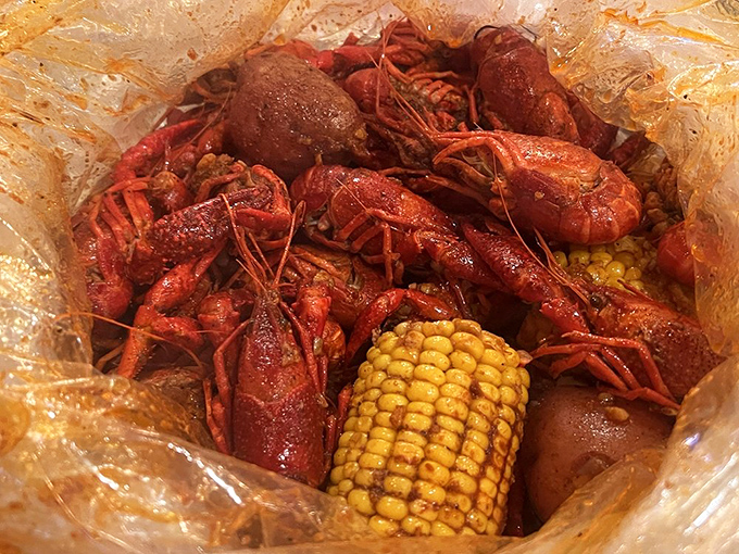 These crawfish look like they're attending their own spice festival. The corn on the cob isn't a side dish&mdash;it's a flavor sponge.