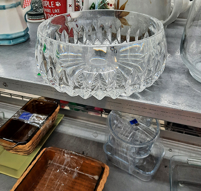 Crystal that once graced formal dining tables now waits for a second act. Grandma's fancy bowl without Grandma's fancy price tag.