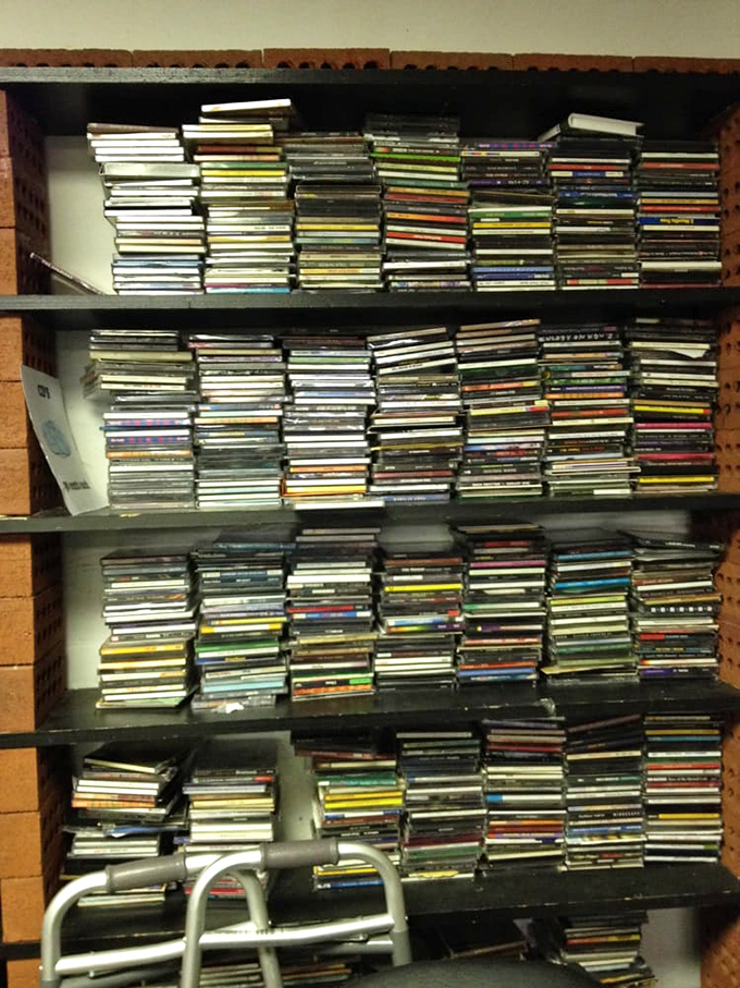 Music lovers, rejoice! These stacked CDs represent thousands of soundtracks to lives previously lived, waiting for their next spin.