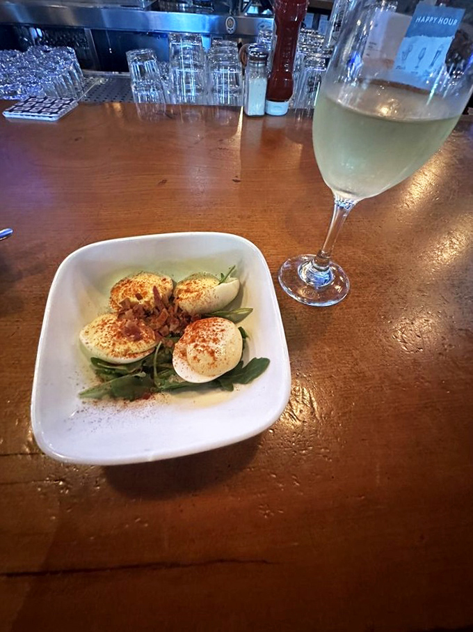 Deviled eggs—the dish your grandmother made, completely reimagined. These aren't just appetizers; they're conversation starters with a sprinkle of nostalgia.