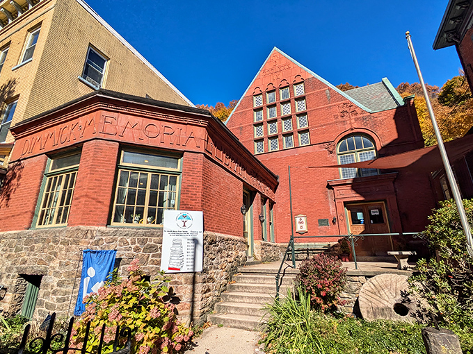 The Dimmick Memorial Library's red brick façade glows in the autumn sun. Books and architecture—a marriage made in heaven.