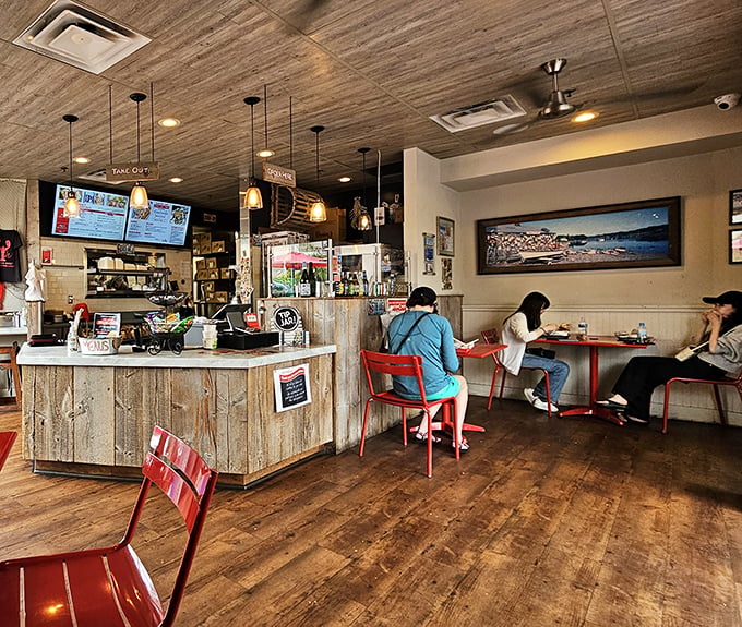 The rustic wood counter and weathered finishes create that "just stepped off the dock" feeling. Even in California, you can almost hear seagulls and smell salt air.