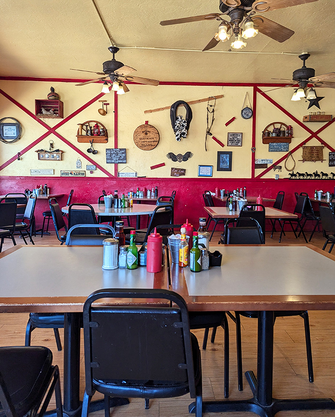 Red and cream walls adorned with Western memorabilia create the perfect backdrop for conversations that flow as easily as the coffee refills.