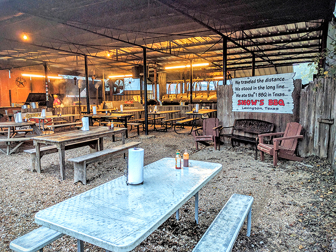 The covered dining area feels like a family reunion where everyone's welcome &ndash; picnic tables that have hosted more barbecue epiphanies than therapy couches.