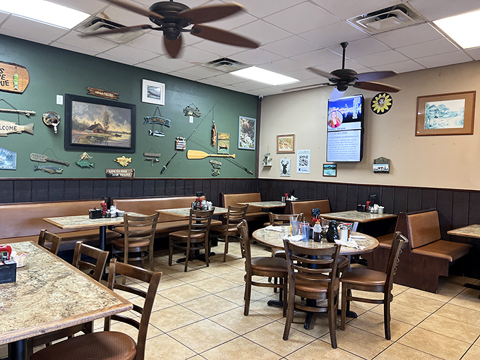 The dining area sports fishing decor and comfortable seating&mdash;like eating in your Florida uncle's den, if your uncle could really cook.