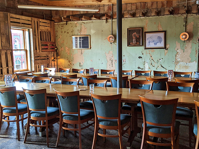 The dining room's distressed mint walls, wooden tables, and quirky artwork create an atmosphere that's equal parts hip hangout and comfortable family gathering place.