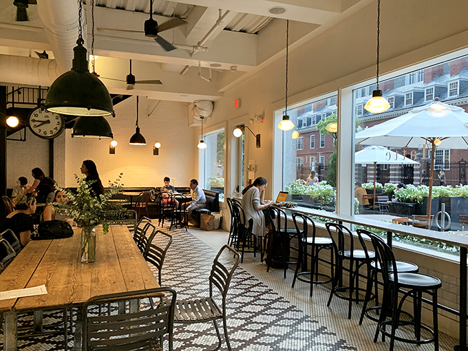 The dining area bathes in natural light, making it the perfect spot to pretend you're working while actually people-watching and contemplating a second pastry.
