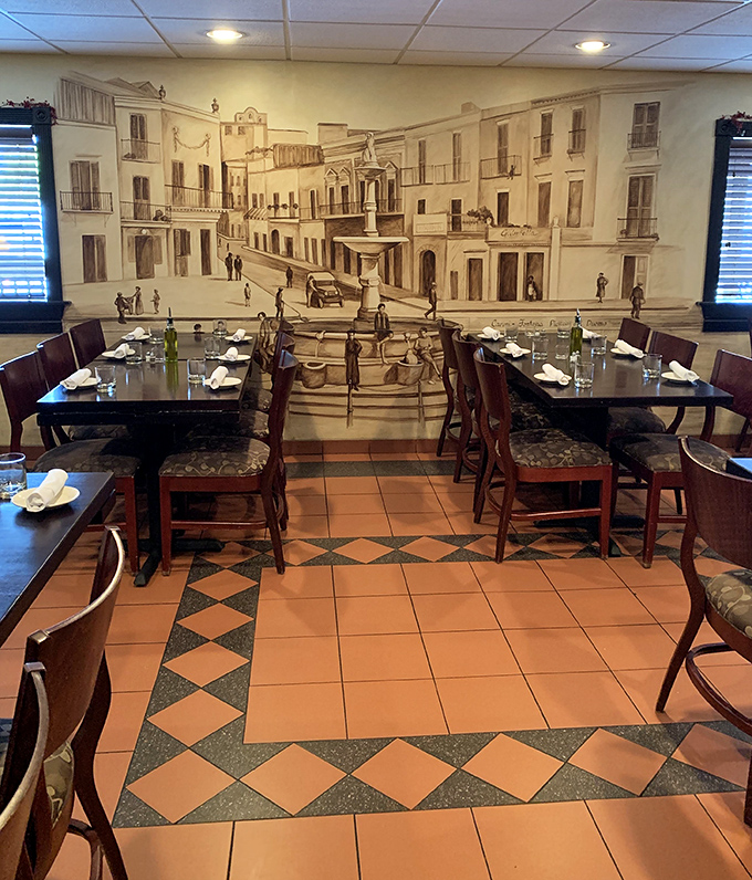 The mural transforms dining into a European getaway&mdash;it's like eating in an Italian piazza without the airfare or passport hassle.