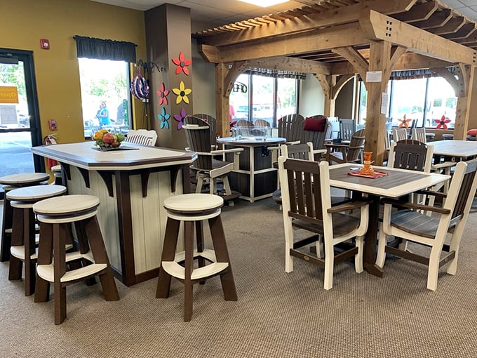 The dining area offers respite for weary shoppers and a place to contemplate your next food conquest. Wooden furniture that says, "Stay awhile."