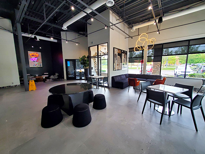 The dining area feels like the living room of that friend with impeccable taste&mdash;modern, uncluttered, and bathed in natural light from floor-to-ceiling windows.