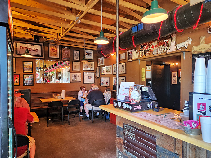 Where barbecue dreams come true. The dining area's rustic charm sets the stage for the meat-centric performance about to unfold.