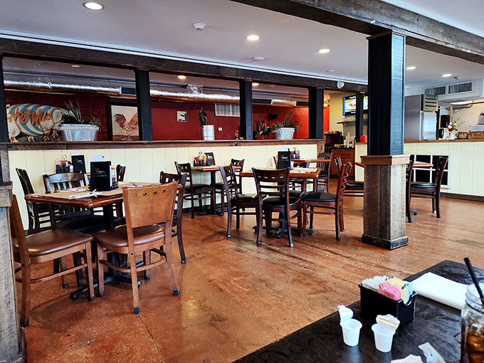 The dining room says "stay awhile" with its warm tones and unpretentious charm. Tables that have witnessed countless first dates and family celebrations.