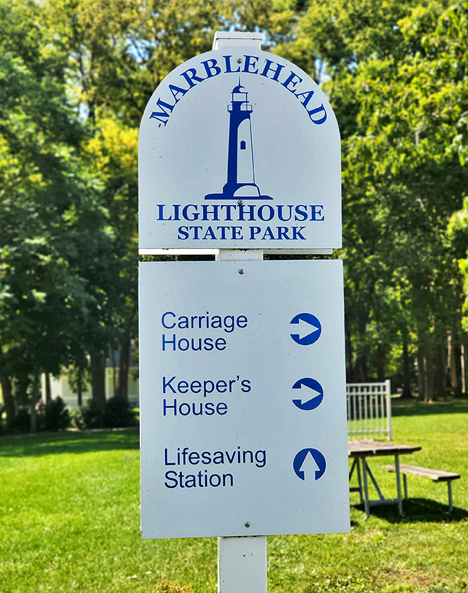 This helpful sign points the way to maritime history&mdash;Keeper's House, Carriage House, and Lifesaving Station all waiting to be explored.