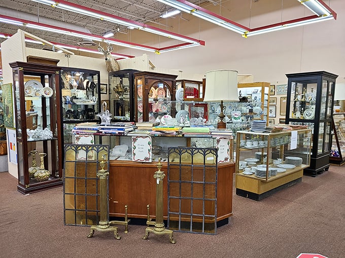 Display cabinets housing treasures behind glass&mdash;like museums where everything has a price tag and nothing's bolted down.