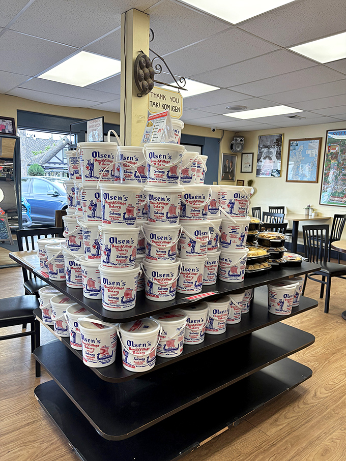 Cookie buckets stacked like a monument to happiness. If Willy Wonka were Danish, this is what his factory would look like.