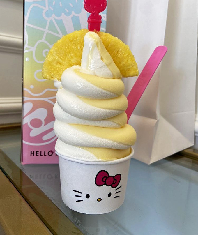 Swirls of vanilla and pineapple soft serve topped with a slice of sunshine. Brain freeze has never looked this photogenic.