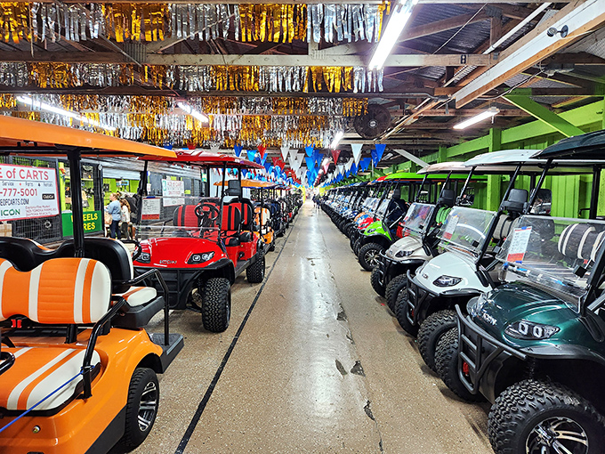 Golf cart heaven for the retirement community connoisseur. Like a Ferrari showroom, but with more cup holders and significantly less horsepower.