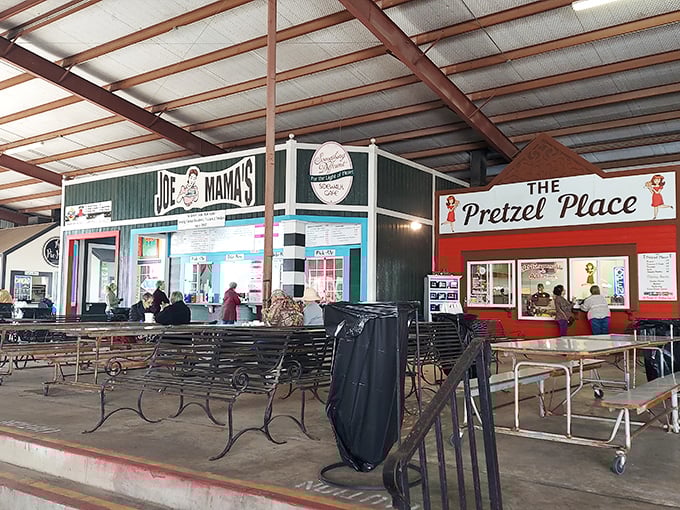 Joe Mama's and The Pretzel Place—where flea market hunger meets its match. The picnic tables have witnessed countless shopping strategy sessions.