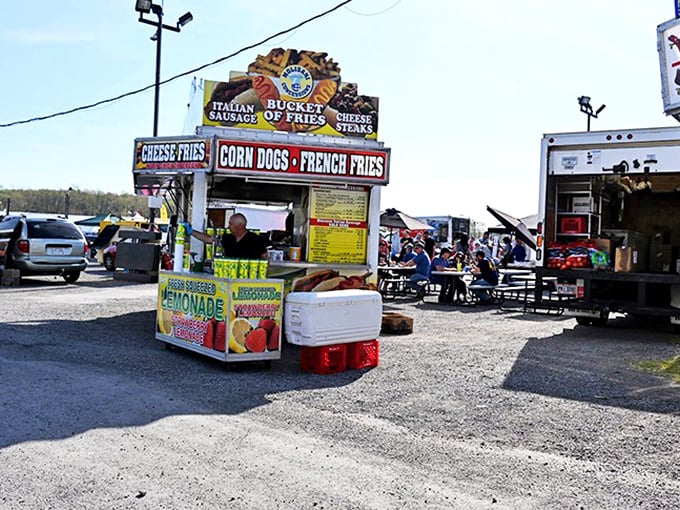 Carnival food paradise! This stand's offerings&mdash;from corn dogs to Italian sausage&mdash;provide the essential fuel for serious flea market expeditions.
