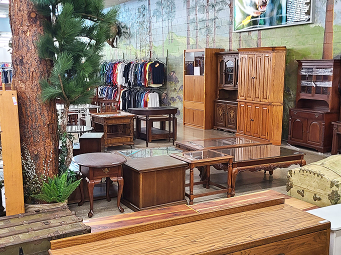 Furniture arranged with care rather than chaos&mdash;the difference between treasure hunting and dumpster diving is all in the presentation.